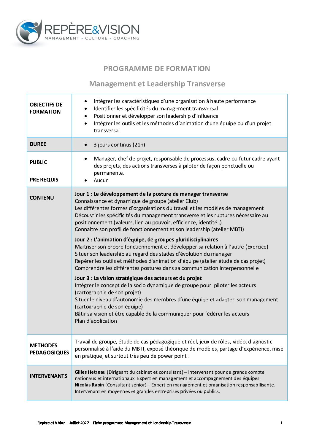 Programme MANAGEMENT TRANSVERSE - Repère et Vision